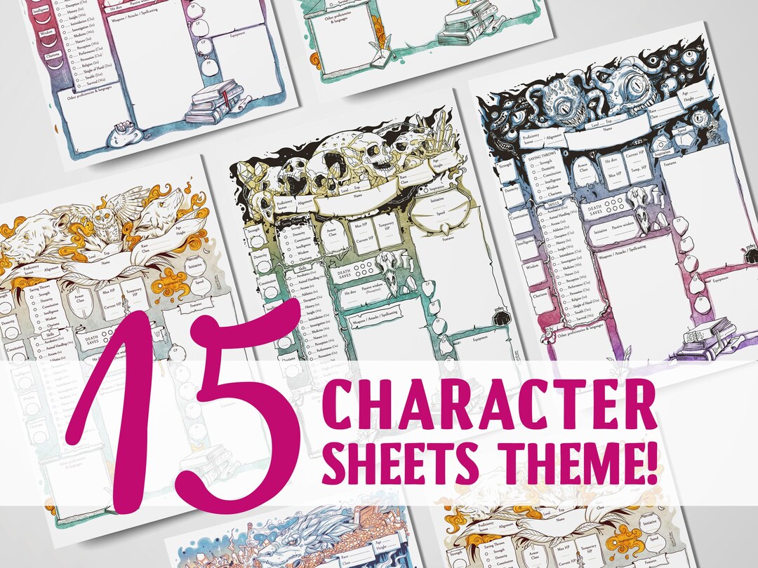 15 Hand-drawn D&D 5e Character Sheets Multiple Color Versions in One ...
