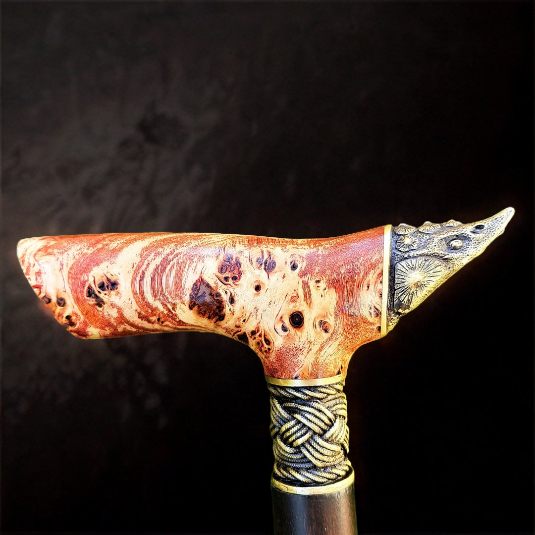 Cane Walking Cane Walking Stick Burl Wooden Handle Craft and Bronze ...
