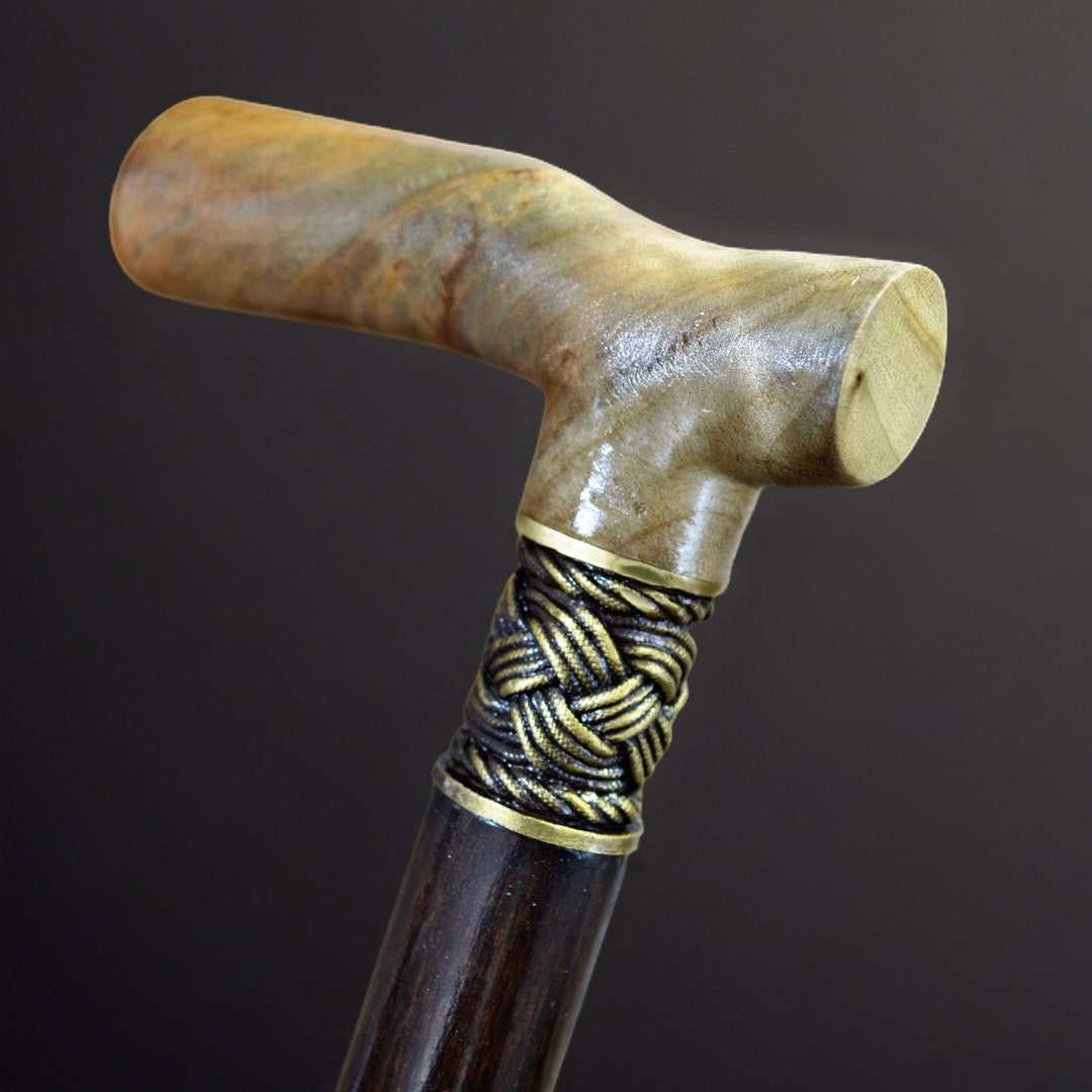 Cane Walking Cane Walking Stick Burl Wooden Handle Craft and Bronze ...