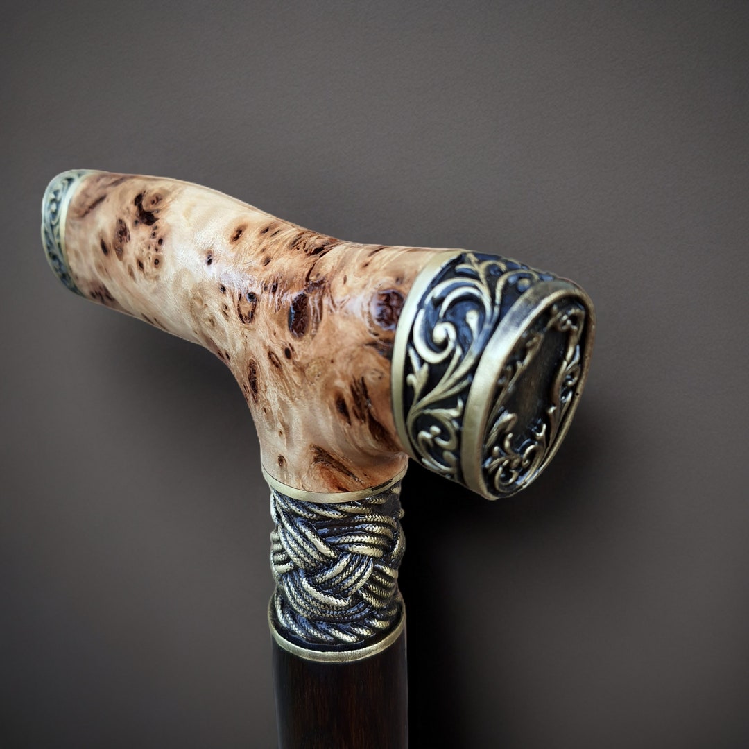 Cane Walking Cane Walking Stick Burl Wooden Handle Craft and Bronze ...