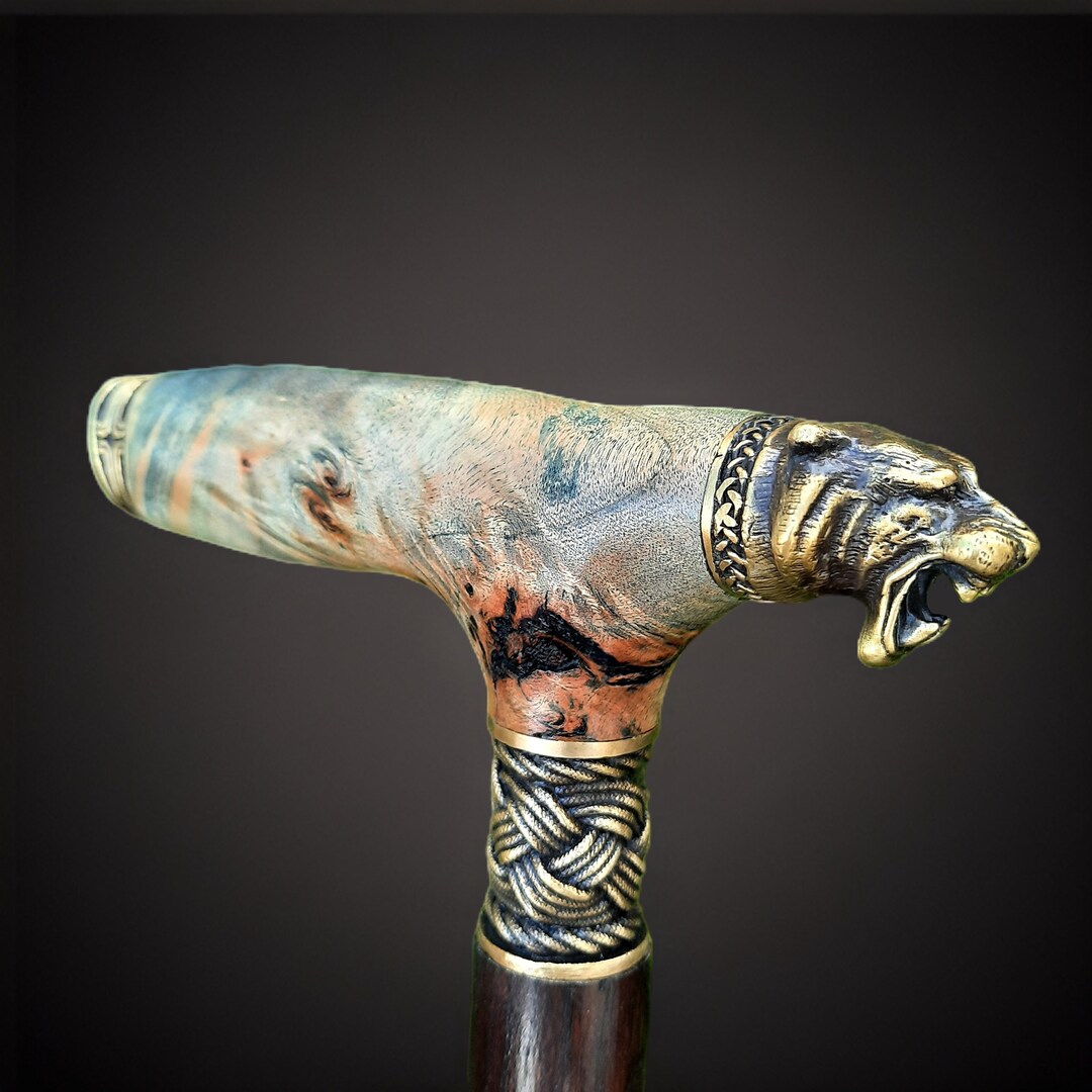 Cane Walking Cane Walking Stick Burl Wooden Handle Craft and Bronze ...