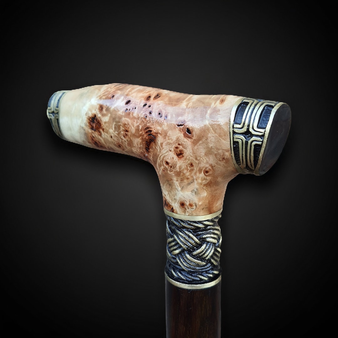 Cane Walking Cane Walking Stick Burl Wooden Handle Craft and Bronze ...
