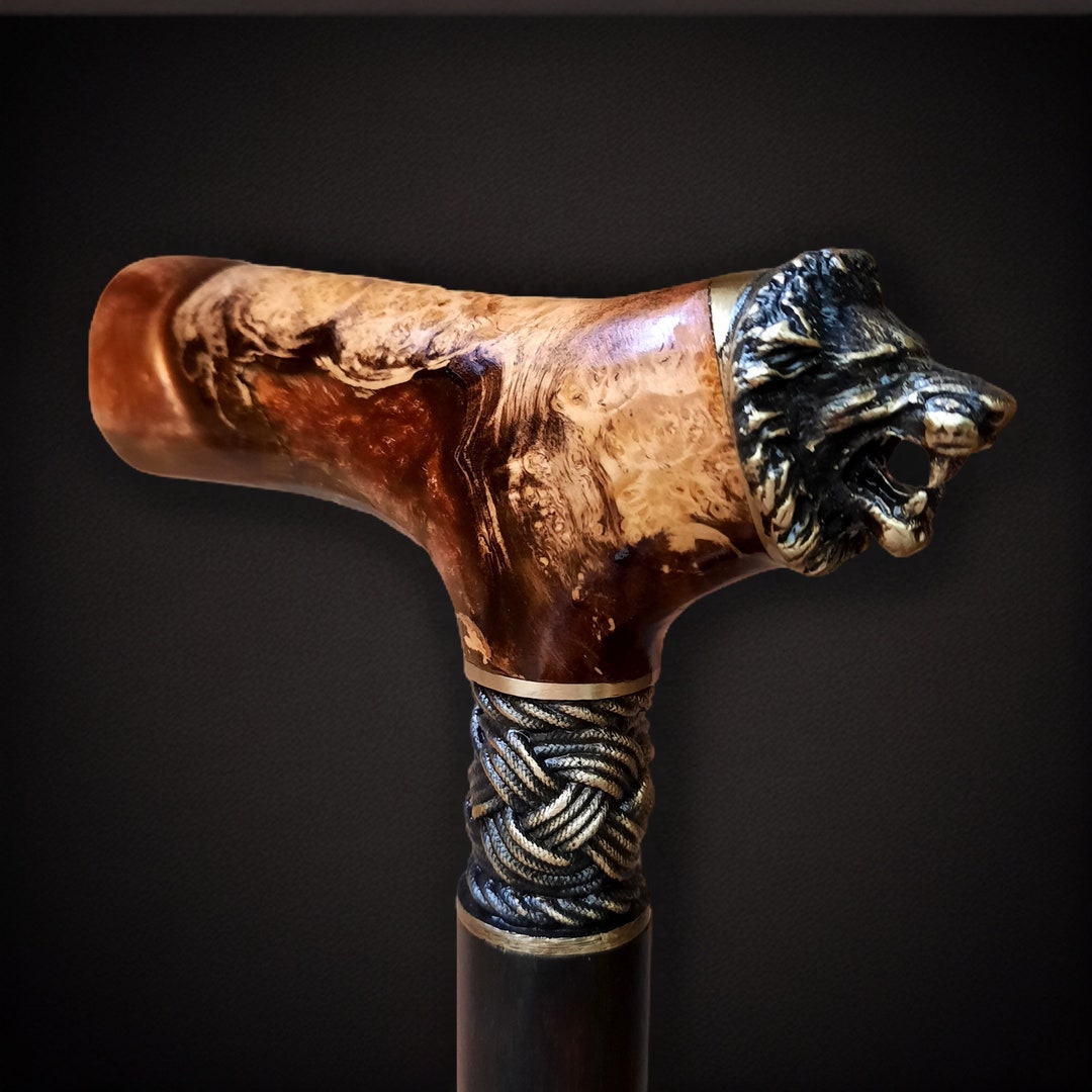 Cane Walking Cane Walking Stick Burl Wooden Handle Craft and Bronze ...