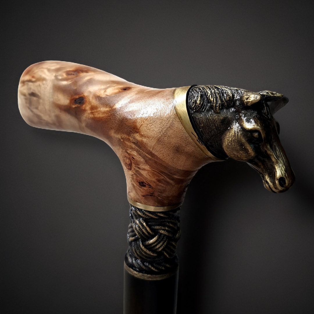 Cane Walking Cane Walking Stick Burl Wooden Handle Craft and Bronze ...