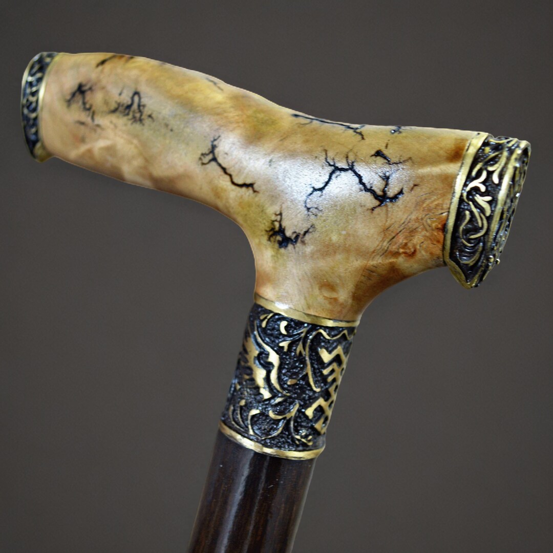 Cane Walking Cane Walking Stick Burl Wooden Handle Craft and Bronze ...