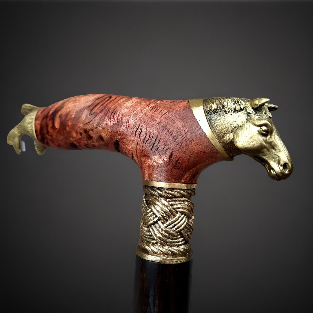 Cane Walking Cane Walking Stick Burl Wooden Handle Craft and Bronze ...