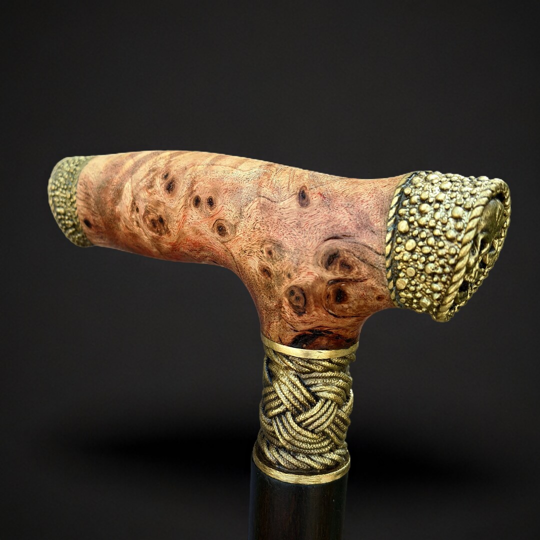 Cane Walking Cane Walking Stick Burl Wooden Handle Craft and Bronze ...
