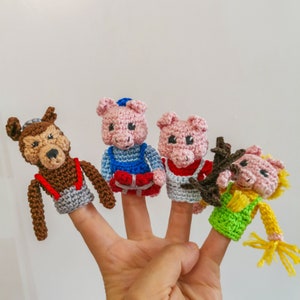 Three Little Pigs and Big Bad Wolf Crochet Pattern Finger Puppets ...
