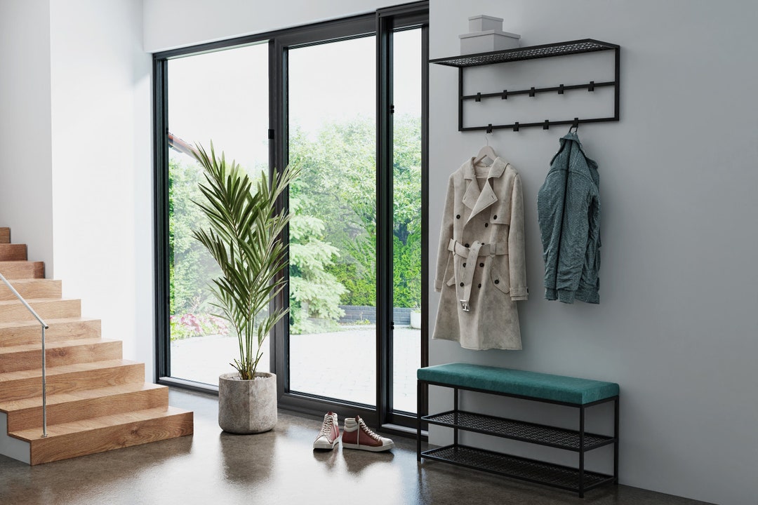 Bench With Shoe Shelves With Mesh for the Hallway, Upholstered Steel ...