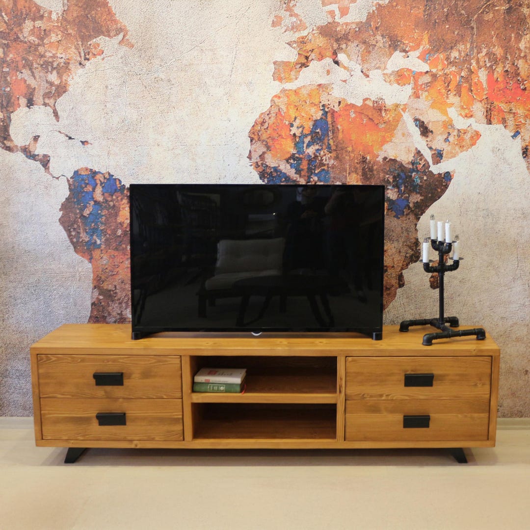 Rustic Wooden Tv Unit - Natura / Solid Wooden Handmade Media Console ...