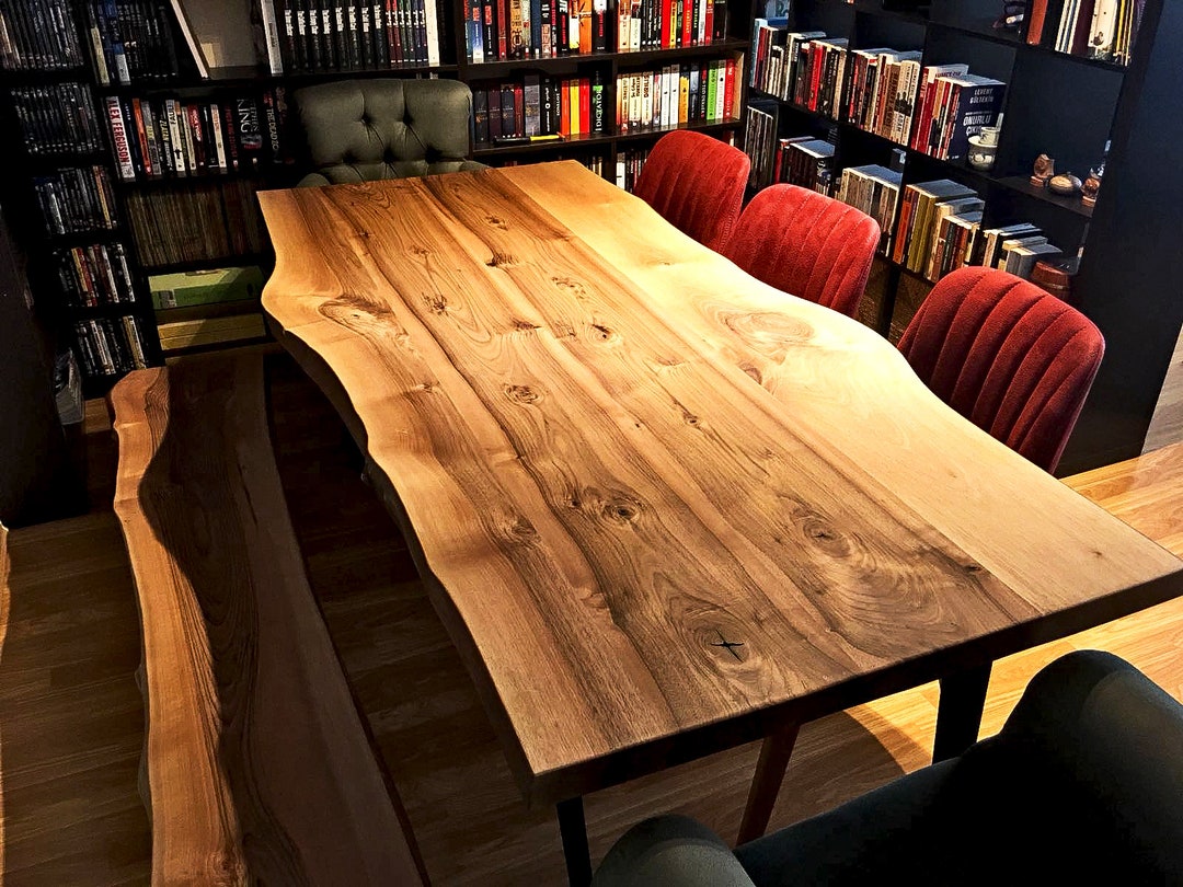 Walnut Wood Live Edge Dining Table and Bench Handcrafted , Solid Wooden ...