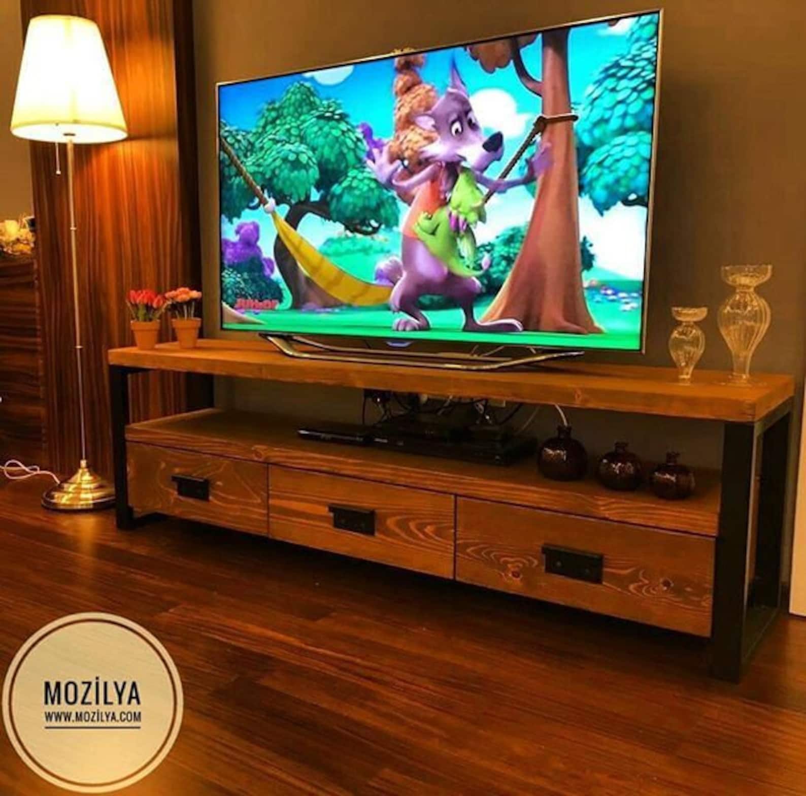 Solid Wood Tv Stand - Rokko / Vintage Design Wood and Metal Tv Unit ...