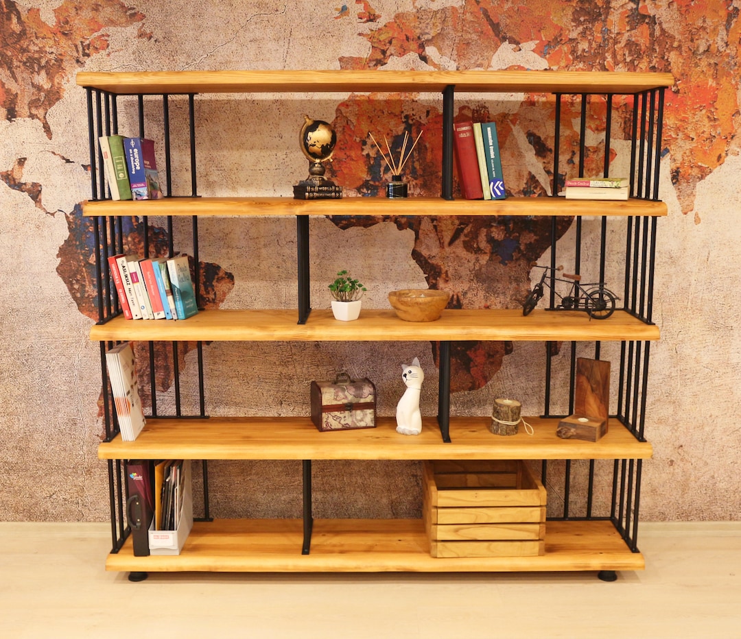 Rustic Wooden Bookshelf - Hasir / Solid Wood Open Bookcase / Industrial ...