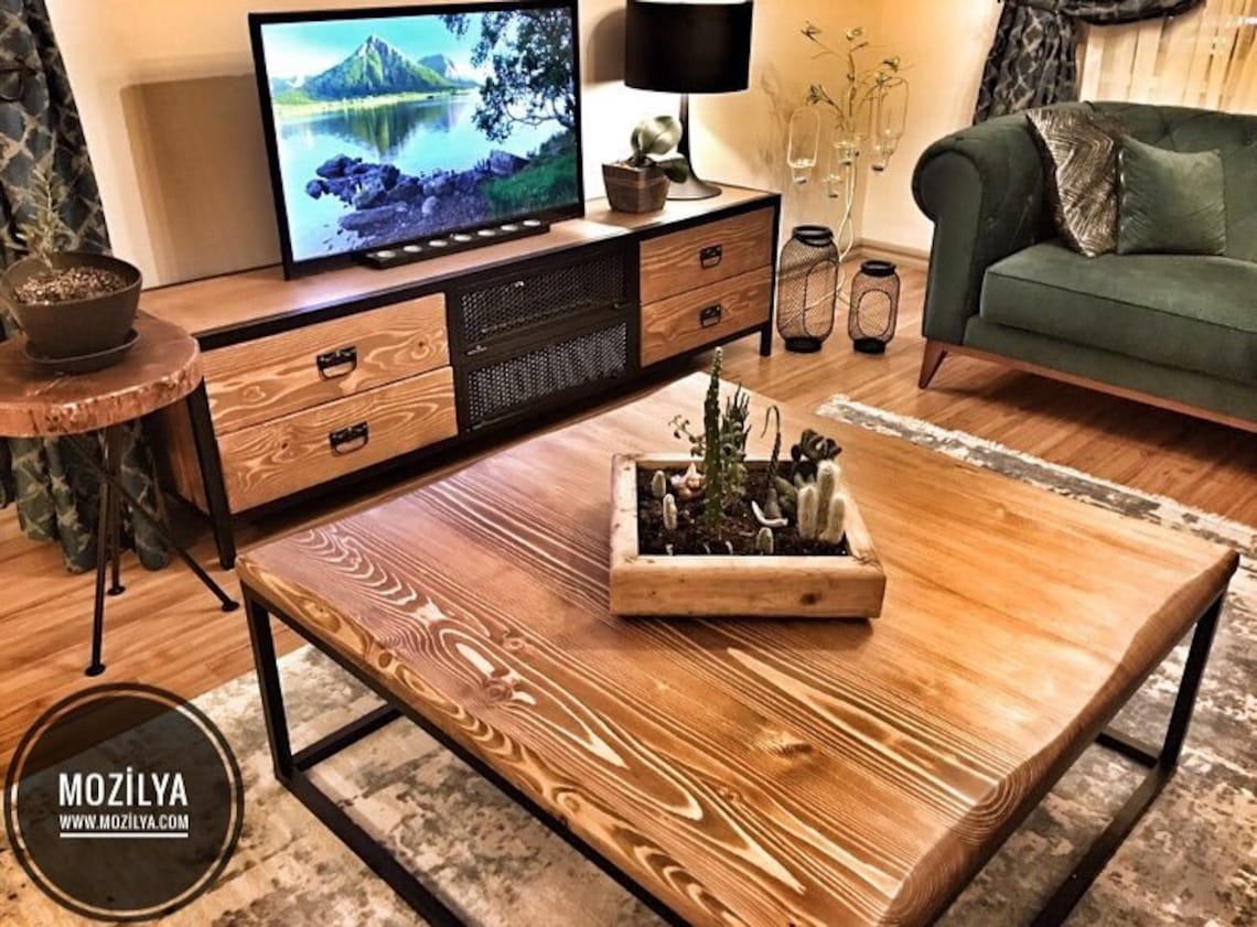 Solid Wood Square Coffee Table Cube Rustic Wood and Metal - Etsy