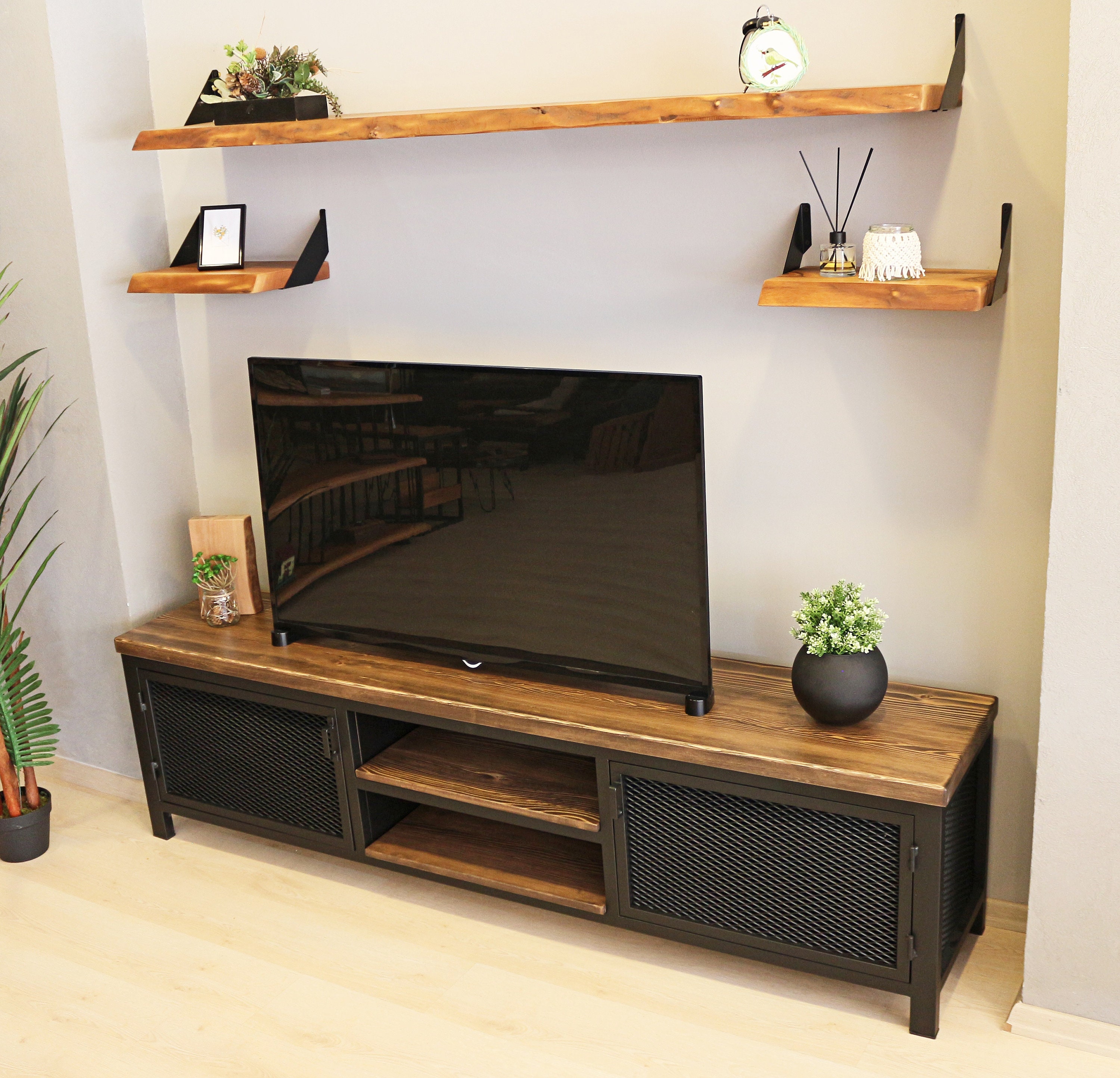 Industrial Design Wood and Steel Tv Unit Mass / Solid Wood - Etsy