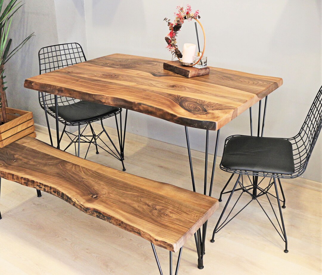 Solid Walnut Wood Dining Table Live Edge Table With Metal - Etsy