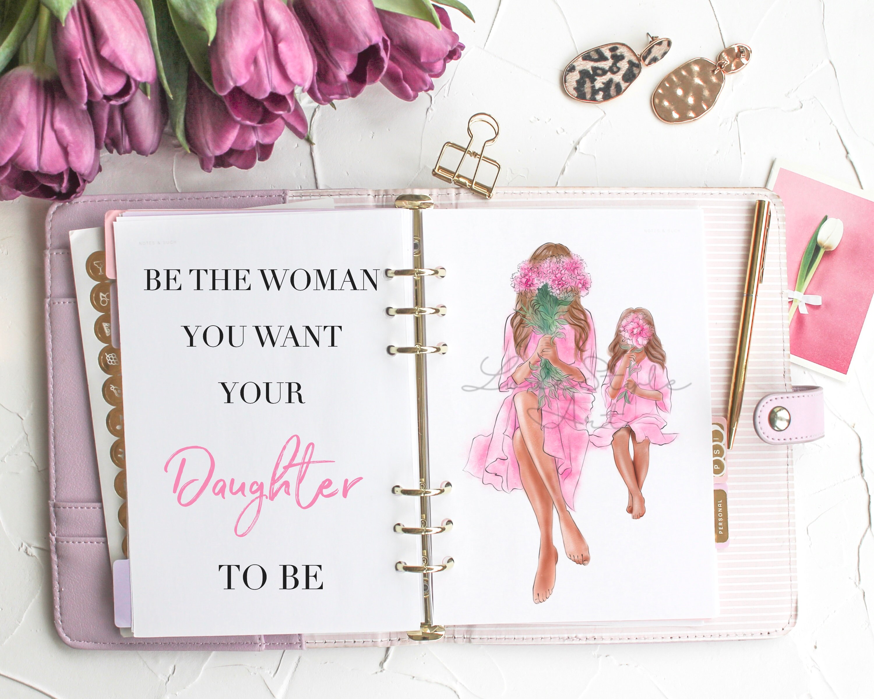 Mother's Day Clipart. Mom & Daughter Planner Stickers. Pink Watercolor ...
