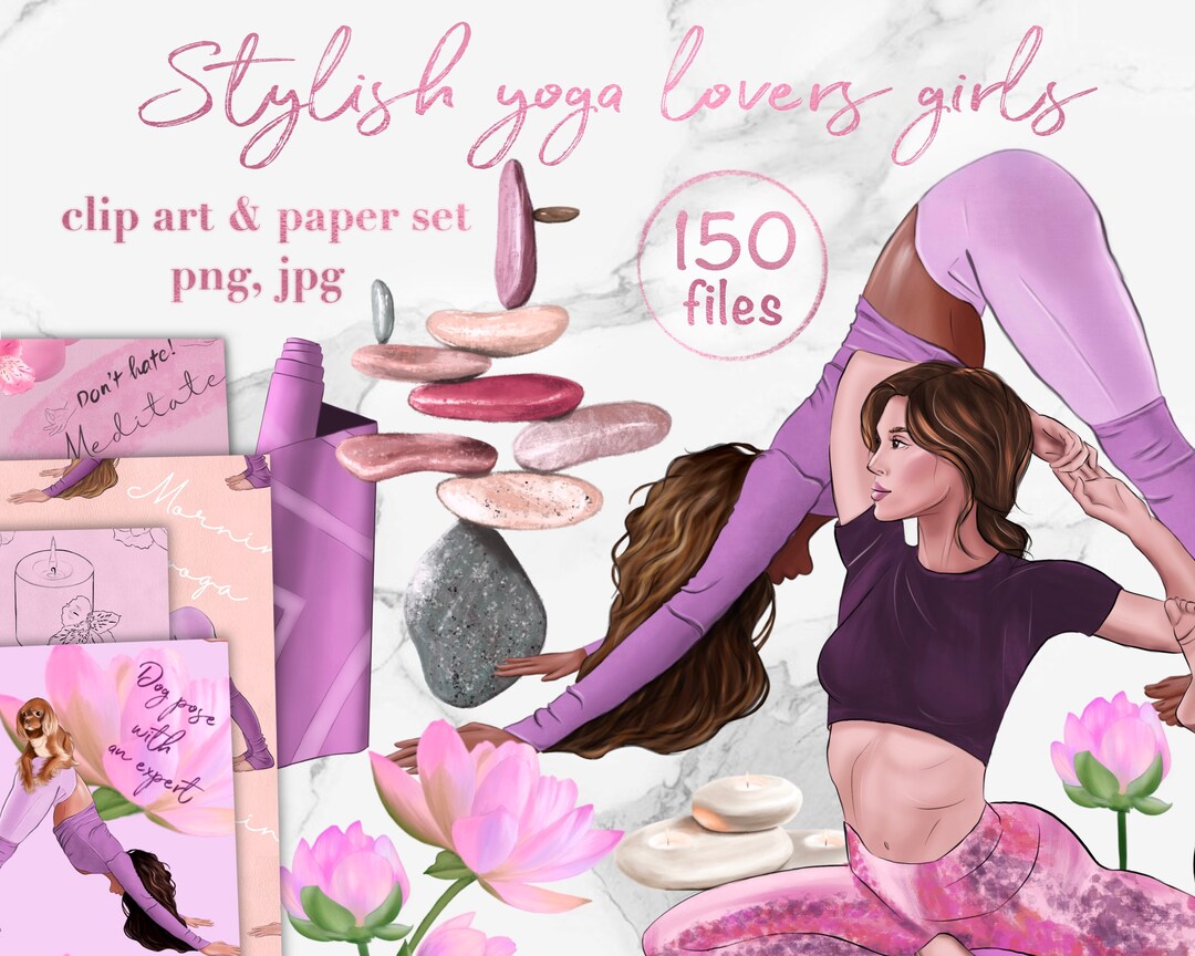 Yoga Clipart, Workout Girl Clip Art, Yoga Digital Stickers, Seamless ...