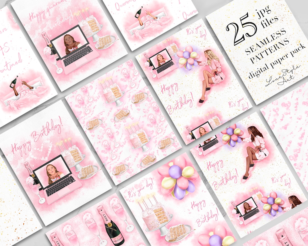 Birthday in Quarantine Digital Paper Pack. Stay at Home Party Seamless ...