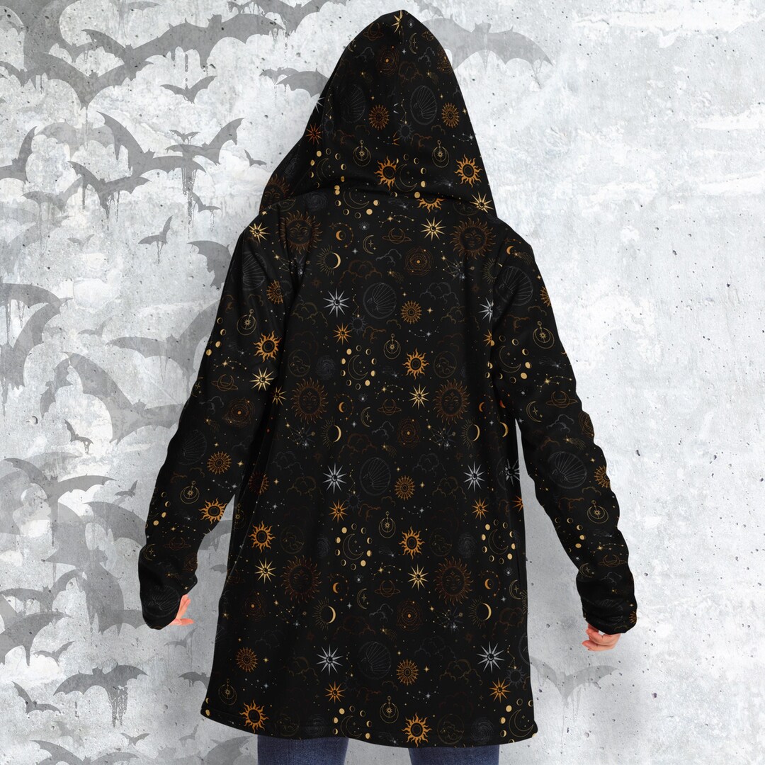 Celestial Black Hooded Cloak, Sun Moon Constellation, Stellar Style ...