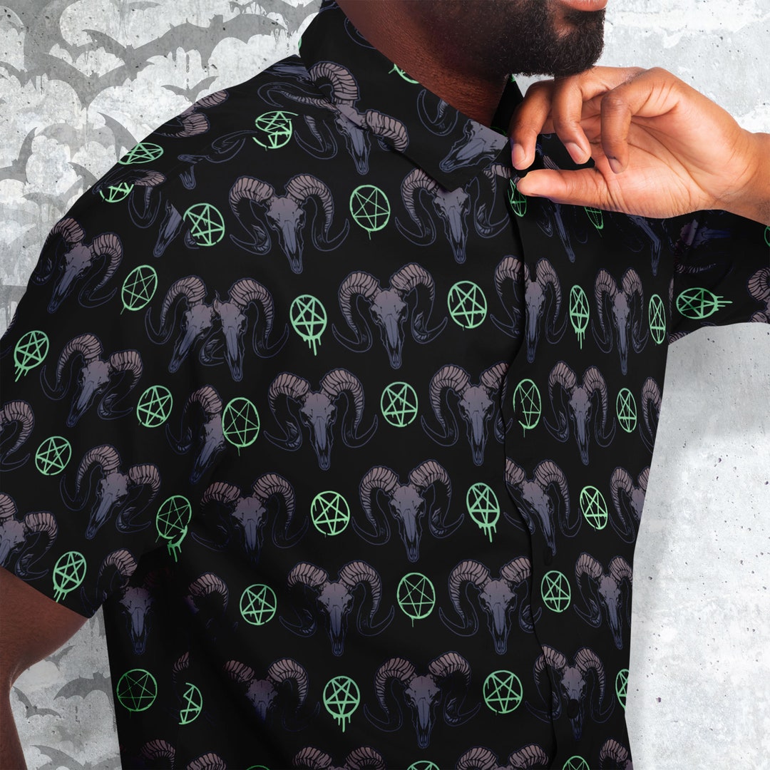 Dark Omen Button Down Style Shirt, Goth Shirt, Pentagram Ram Skull ...