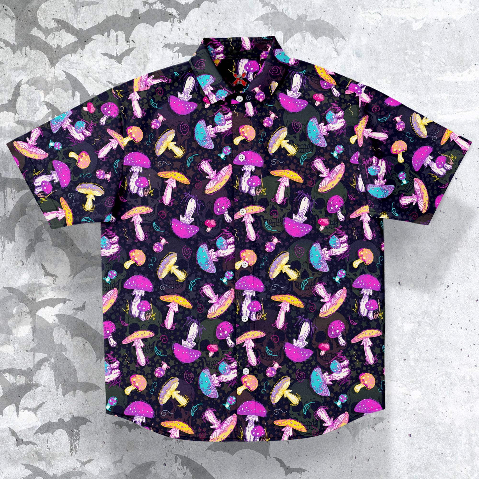 Popping Mushrooms Button Down Style Shirt, Goth Shirt, Trippy Skulls ...