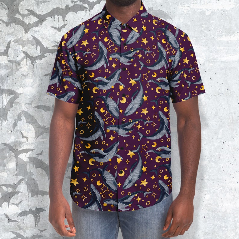 Star Whales Button up Style Shirt, Goth Shirt, Dark Magic Clothing, Marine Boho Style Celestial ...