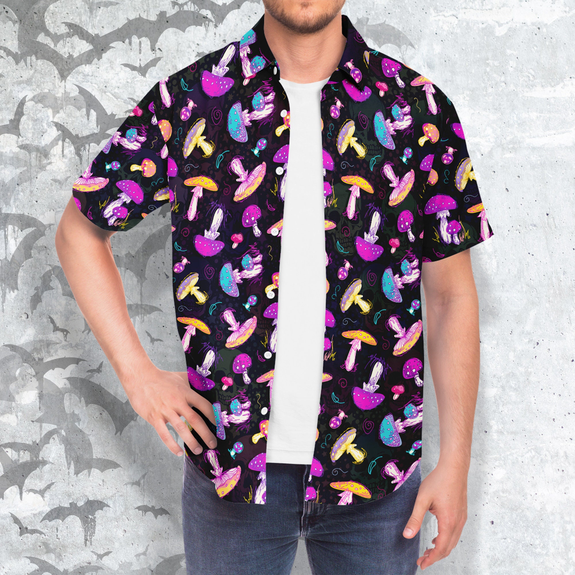 Popping Mushrooms Button Down Style Shirt, Goth Shirt, Trippy Skulls ...
