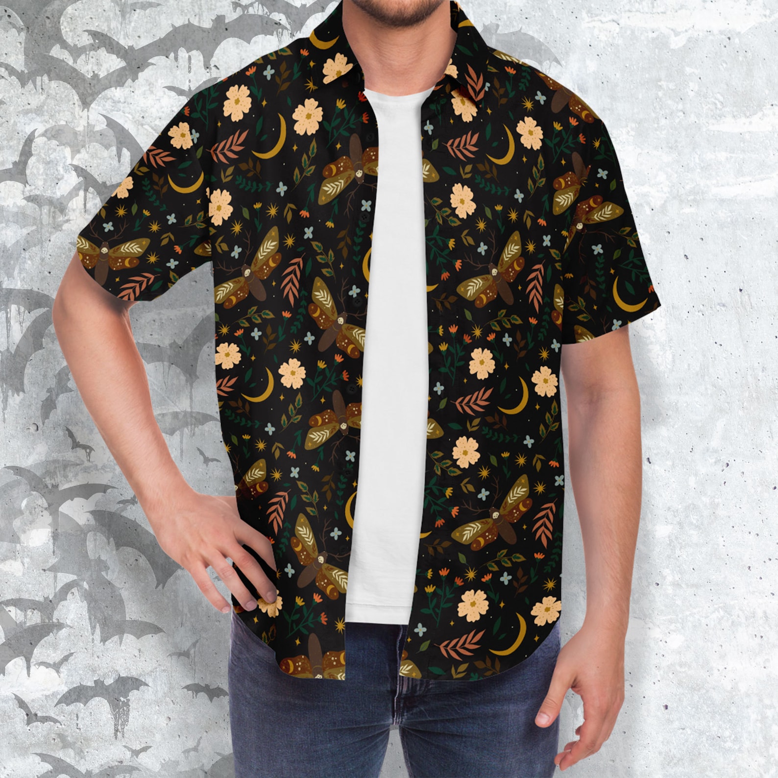 Cottagecore Moths and Flowers Button-up Style Shirt, Goth Shirt, Mystic ...