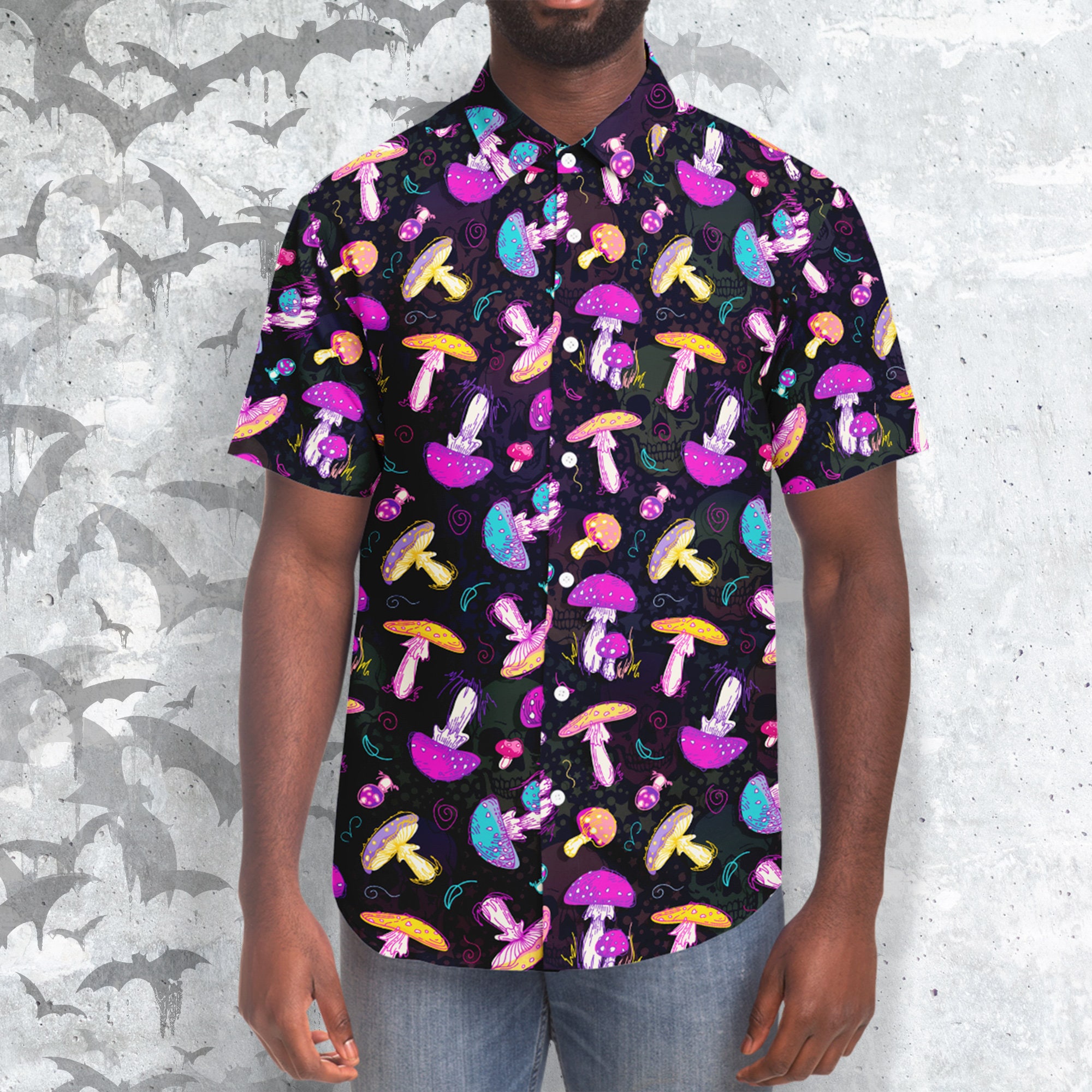 Popping Mushrooms Button Down Style Shirt, Goth Shirt, Trippy Skulls ...