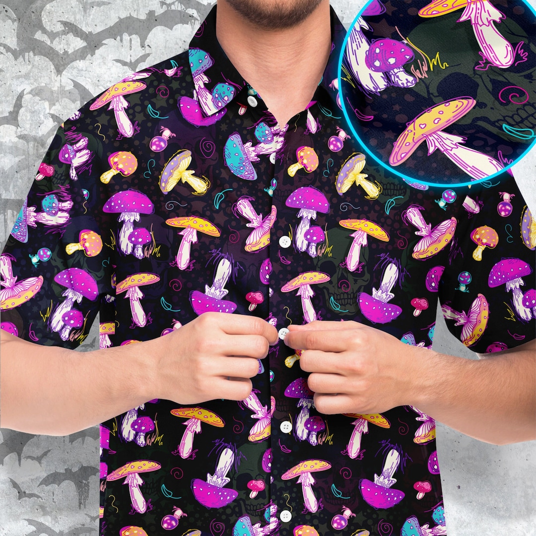 Popping Mushrooms Button Down Style Shirt, Goth Shirt, Trippy Skulls ...