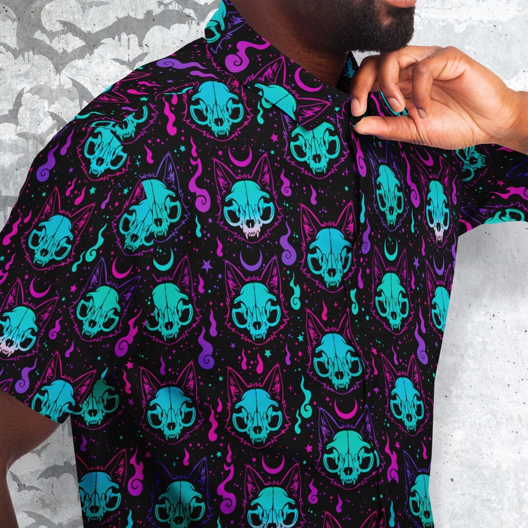Cat Skull Button-up Shirt: Spooky Halloween Unisex Top - Etsy