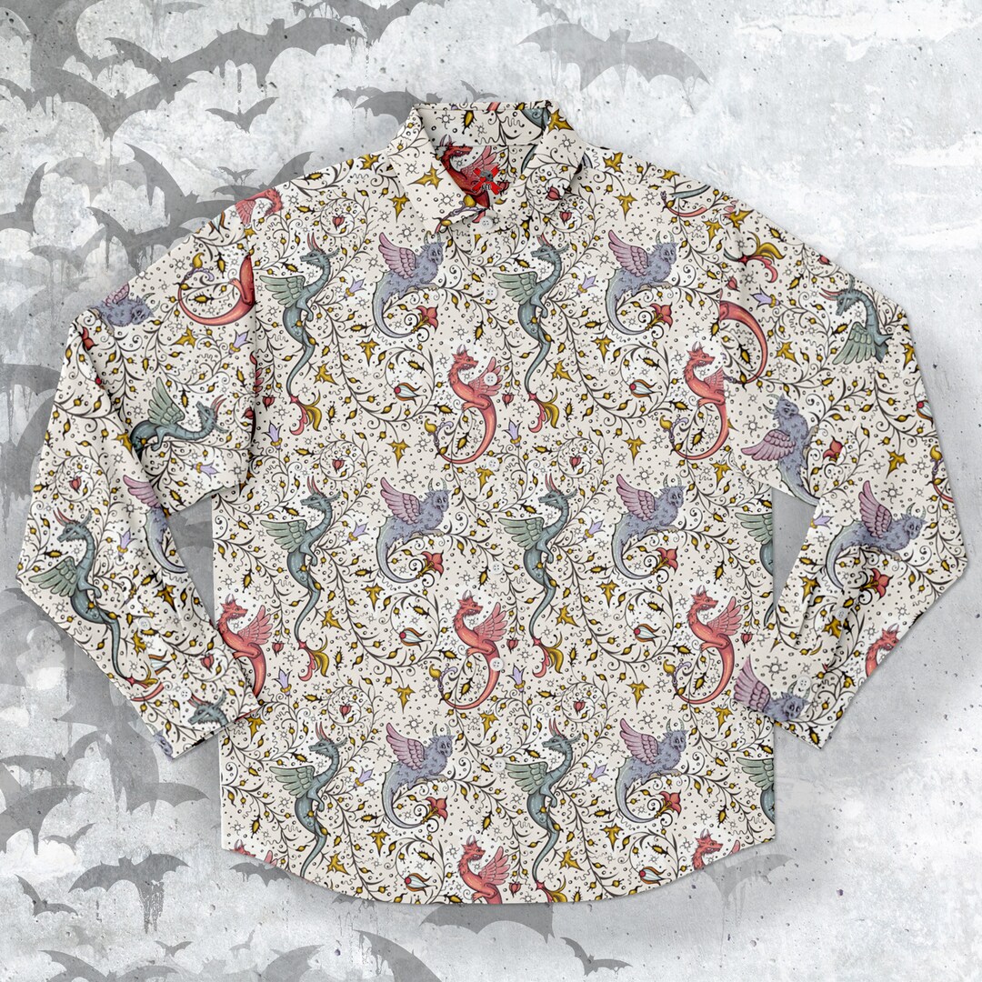 Medieval Dragons Long Sleeve Button-up Shirt, Ancient Goth Shirt ...