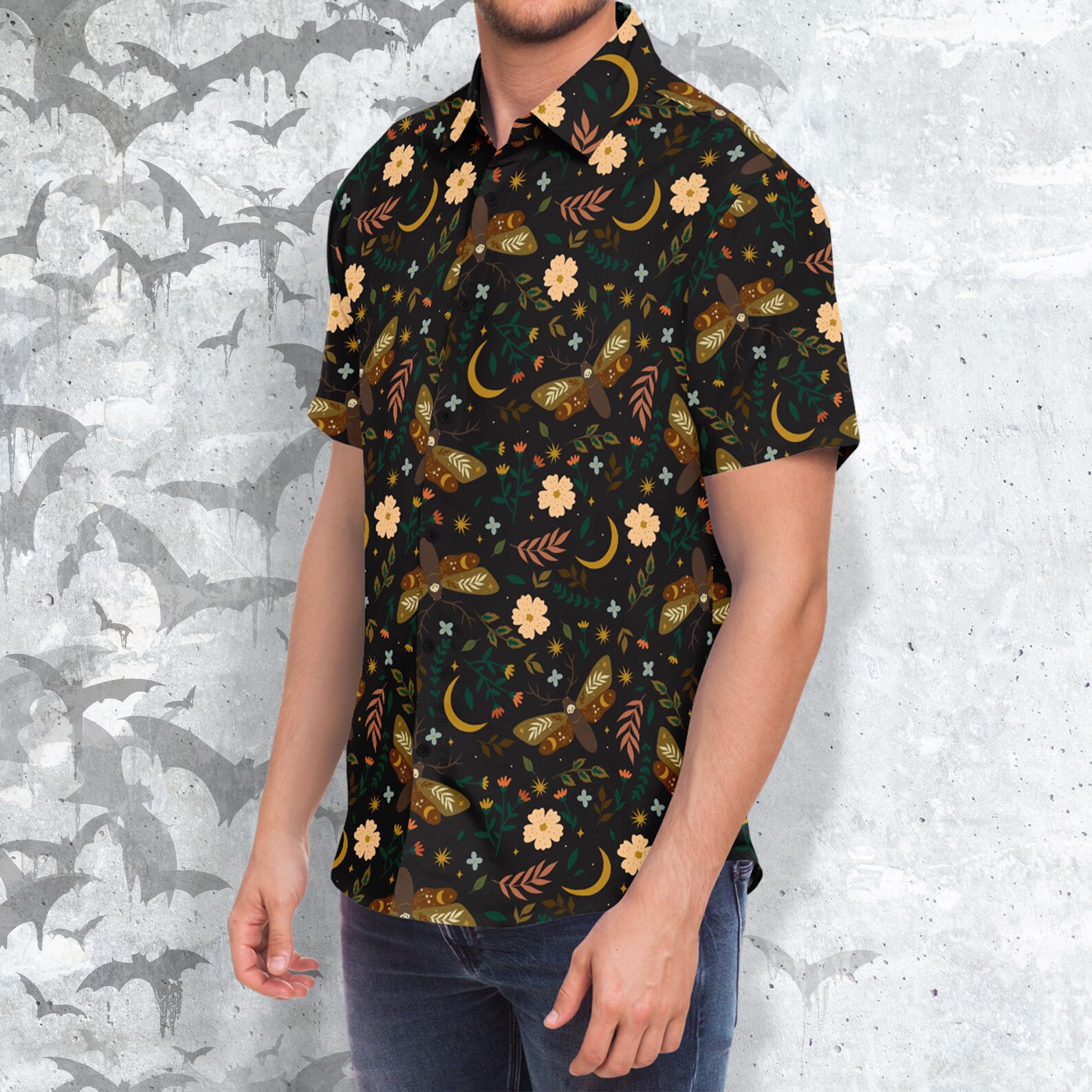 Cottagecore Moths and Flowers Button-up Style Shirt, Goth Shirt, Mystic ...