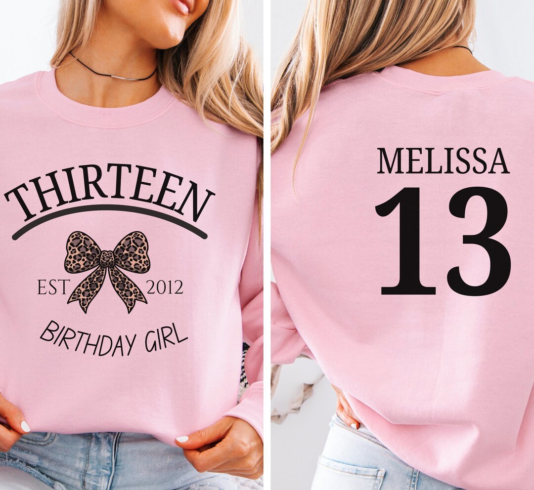 Custom 13th Birthday Girl Shirt Pink Bow Thirteen Bday Tee, Name 13 ...