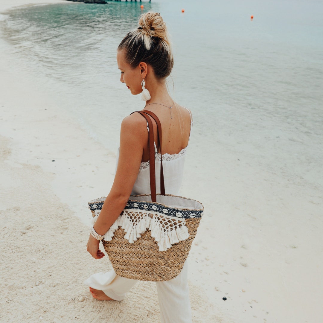 Basket Bag SANTORINI Boho Beach Bag With Long Handles and Zipper - Etsy