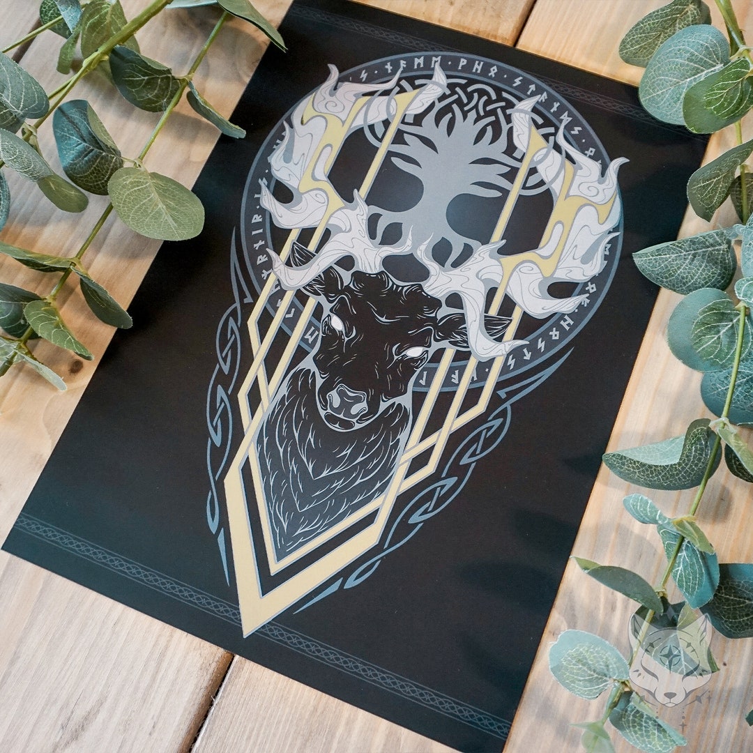 Eikþyrnir- A4 Gold Foil Print, Stag Print, Norse Print, Stag Art, Norse ...