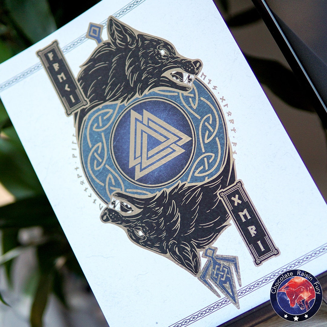 Odin's Wolves - A4 Silver Foil Print, Geri and Freki Art, Norse Art ...