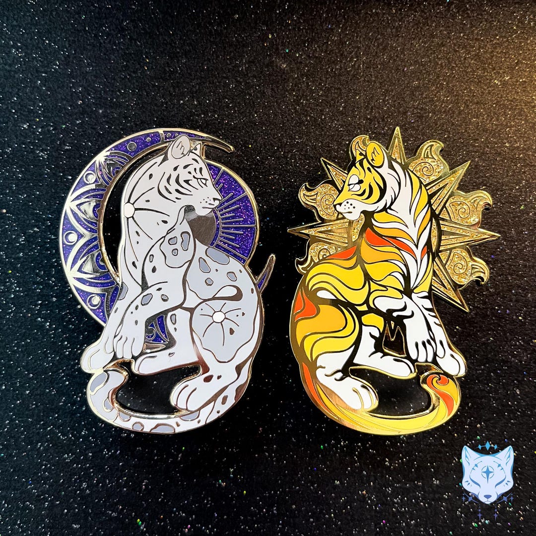 Sun & Moon Leopard and Tiger Pins - 65mm/2.55" Tall Space Cat Enamel ...