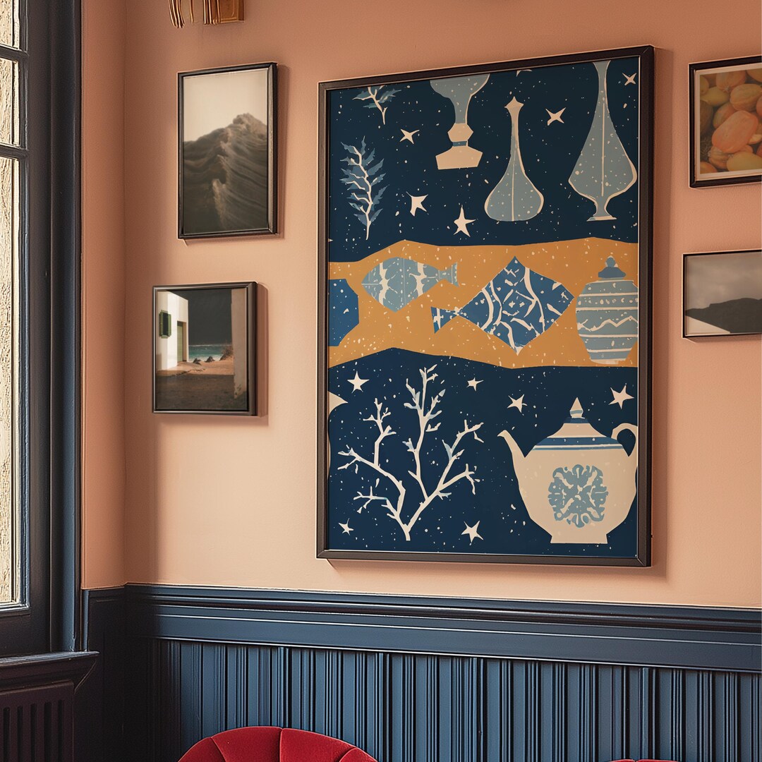 Navy Blue Still Life Print – Modern Risograph Inspired Teapot & Vase ...