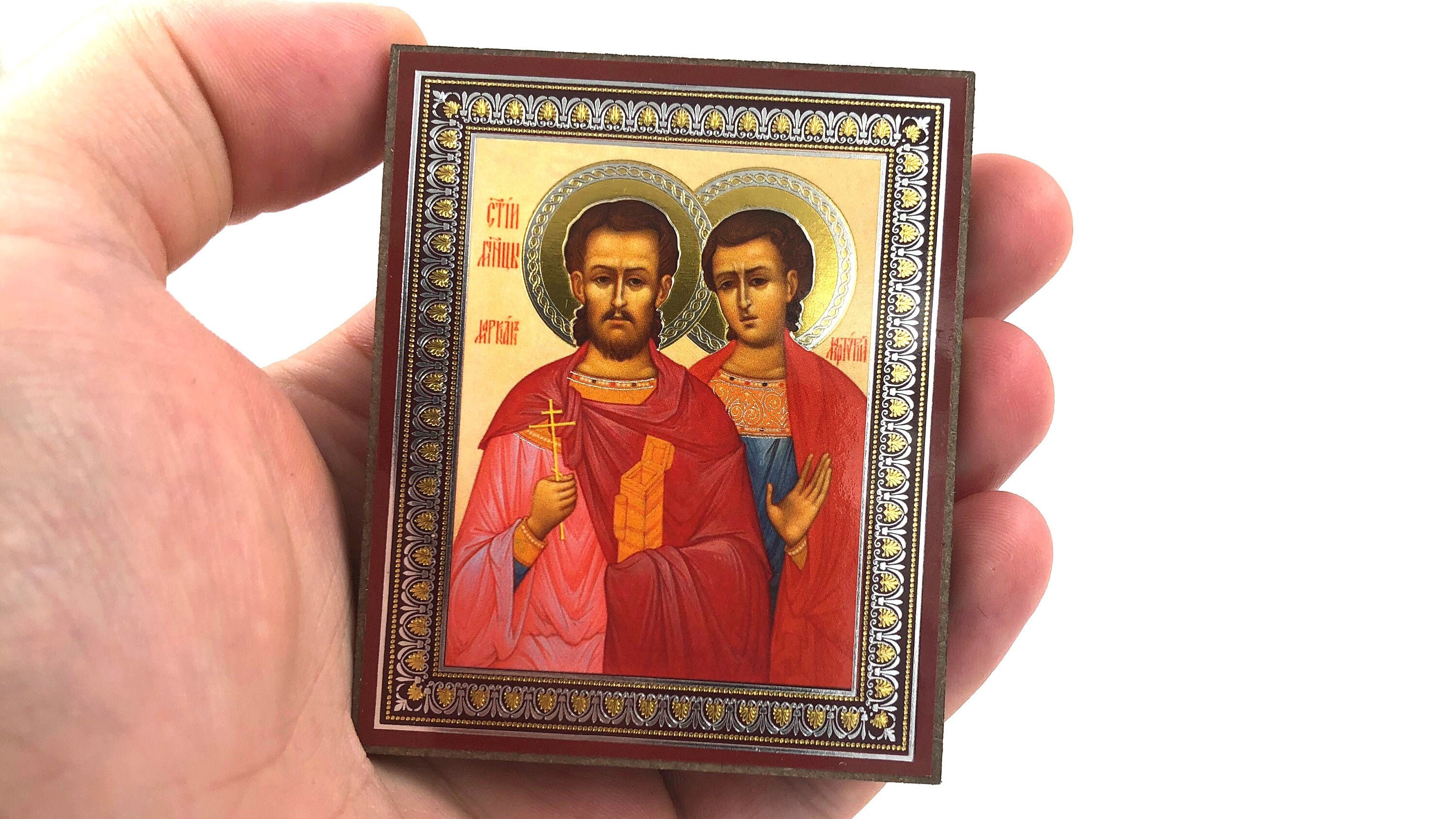 Saints Martyrs Marcian and Martyrius Mini Wooden Orthodox Icon / 2.55 X ...