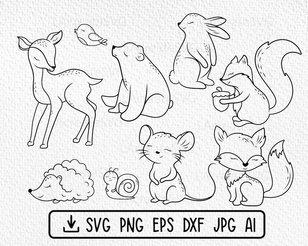Wild Cute Animals Bundle SVG PNG DXF, Fox Deer Bear Mouse Bunny Outline ...
