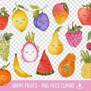Happy Cute Fruits - 15 PNG Clipart, Watercolor Lemon Apple Strawberry ...