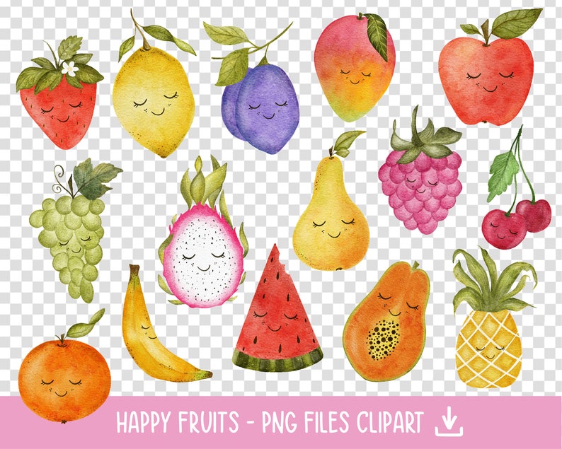 Happy Cute Fruits - 15 PNG Clipart, Watercolor Lemon Apple Strawberry ...