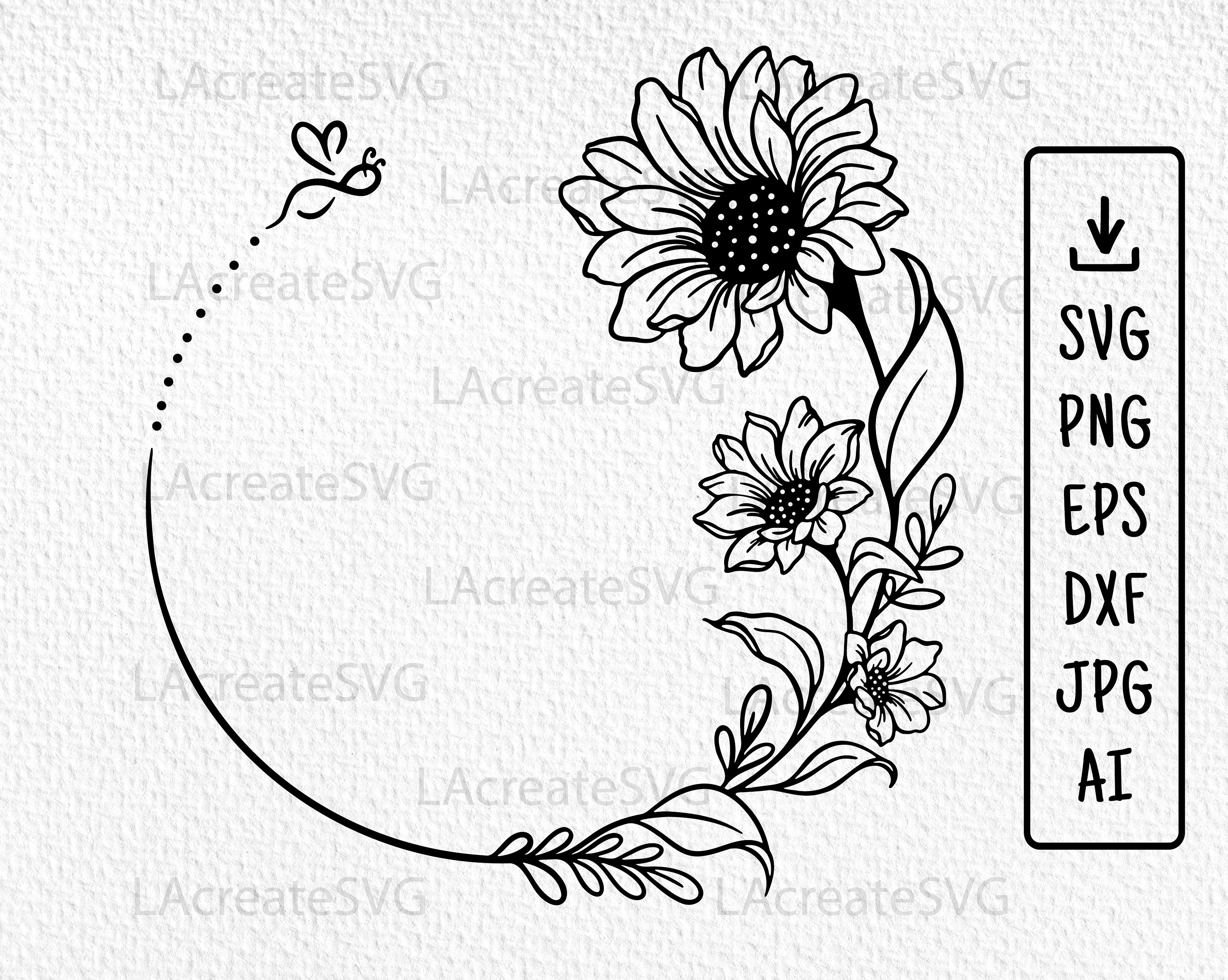 Flowers Circle Wreath Svg File, Sunflower Bee Round Wreath, Floral ...