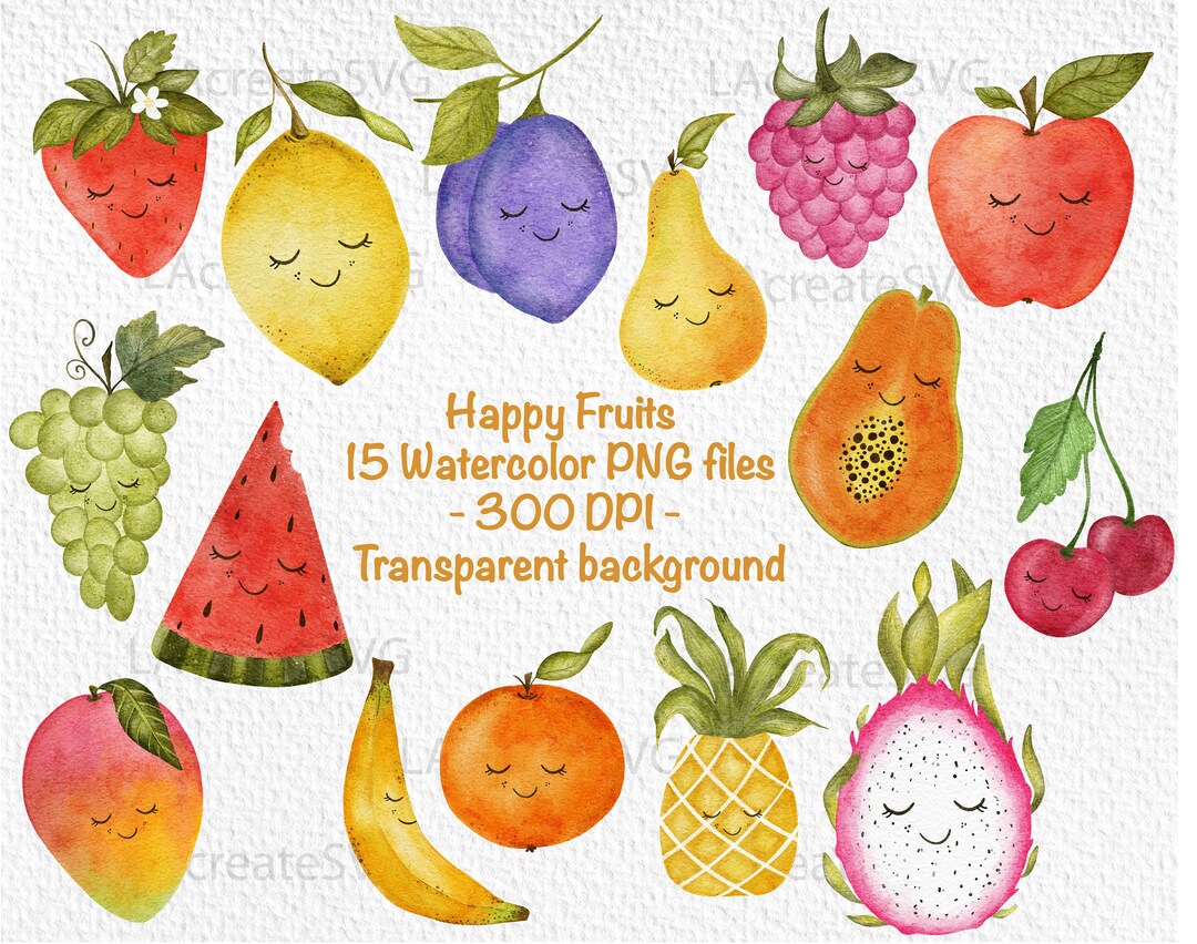 Happy Cute Fruits - 15 PNG Clipart, Watercolor Lemon Apple Strawberry ...