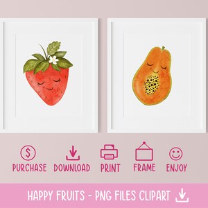 Happy Cute Fruits - 15 PNG Clipart, Watercolor Lemon Apple Strawberry ...