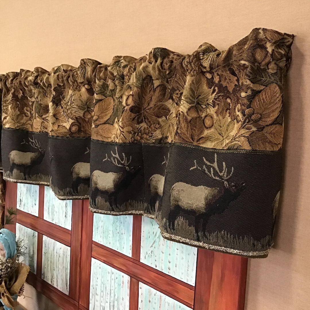 Elk and Leaf Tapestry Valance. Rustic Cabin Decor, Log Cabin Furniture ...