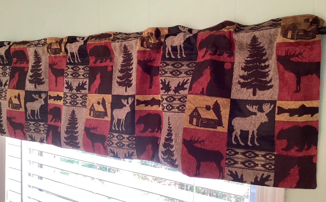 Tapestry Cabin Valance, Elk Moose Bear Wolf Fish Patchwork, Rustic ...