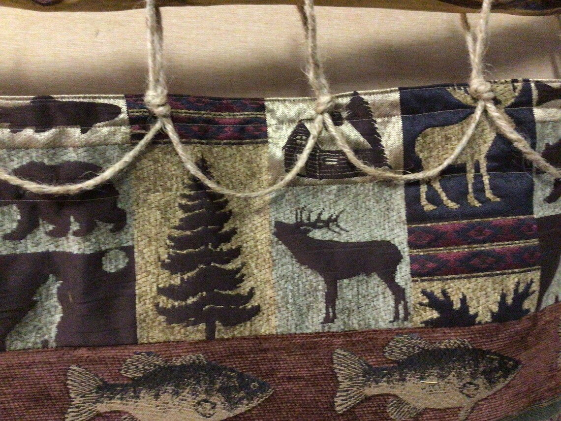 Moose Elk Bear Wolf Patchwork Jute Rope Tab Top Cabin Valance | Etsy